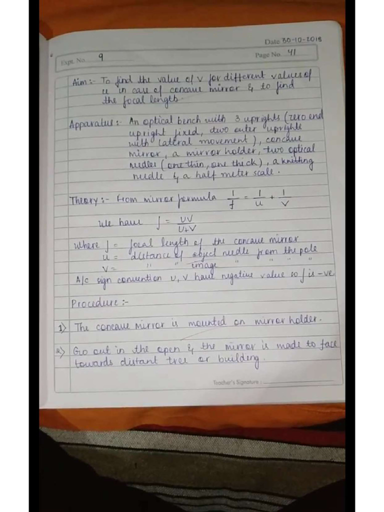 To Find The Value of V For Different Values of U in Case of Concave Mirror and To Find Focal ...