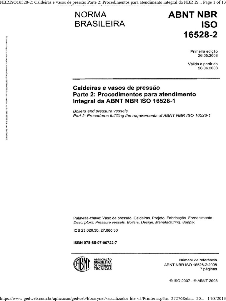 Abnt Nbr Iso 16528-2 Caldeiras e Vasos de Pressão Parte 2 Procedimentos ...