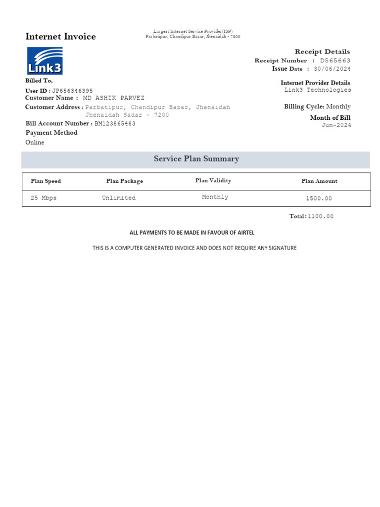 Internet Bill MD Ashik Parvez | PDF | Receipt | Cyberpunk Themes