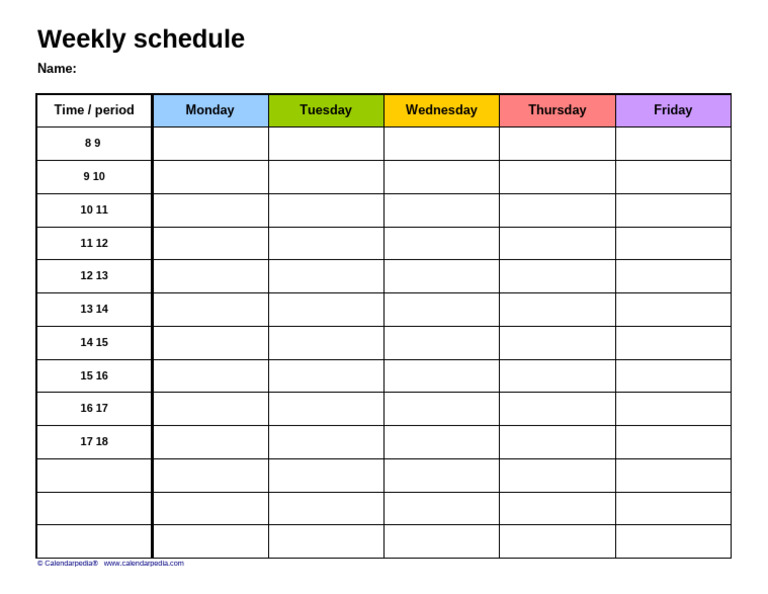 Weekly Schedule Monday to Friday in Color | PDF