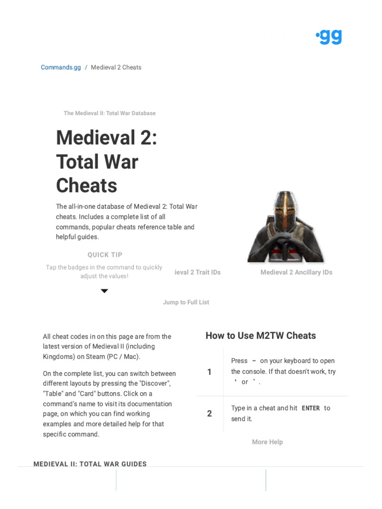 Medieval 2 - Total War Cheats List - Commands - GG | PDF | Password ...