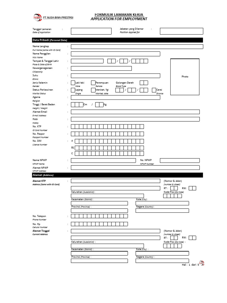 Application Form PT Nusa Bina Prestasi | PDF