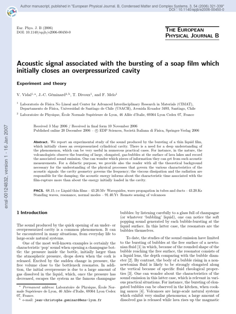 V. Vidal Et Al - Acoustic Signal Associated With The Bursting of A Soap ...