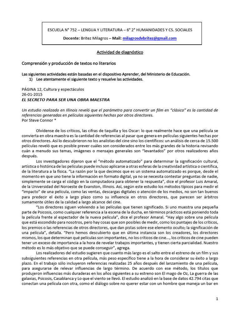 6to 2da H - Lengua - Actividad de Diagnóstico | PDF | Maestros