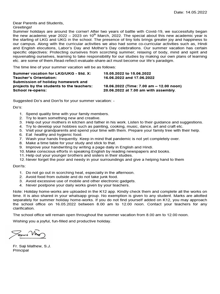 Letter To Parents and Students | PDF
