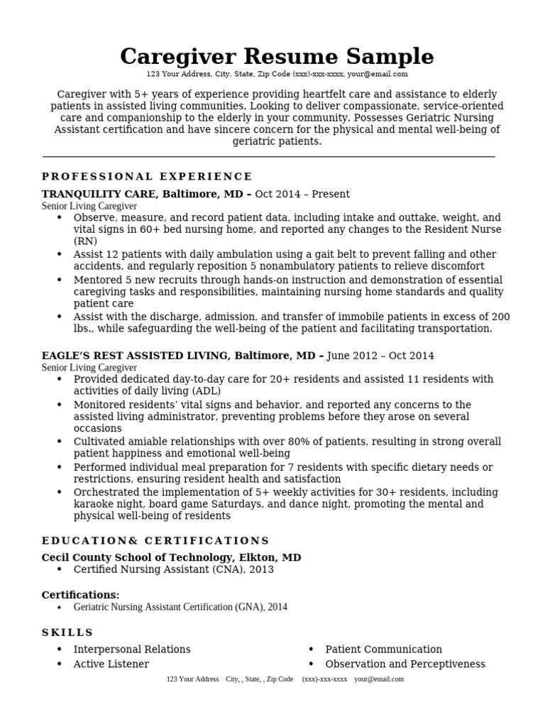 Caregiver Resume Example MSWord Download | PDF | Caregiver | Geriatrics