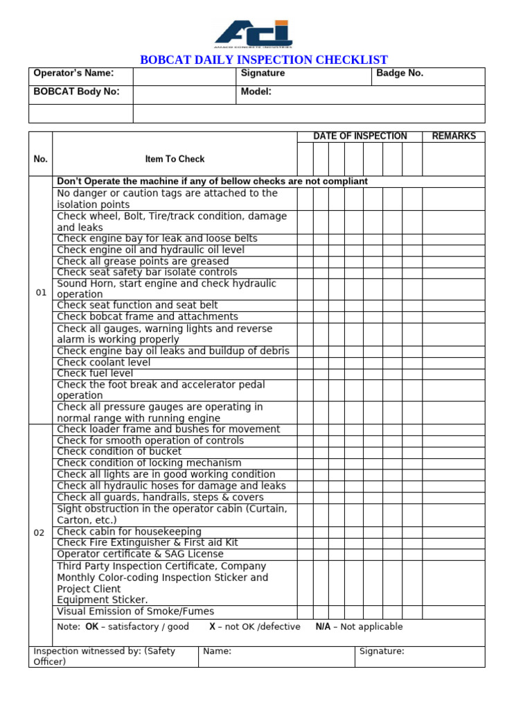 Bobcat Daily Inspection Checklist | PDF