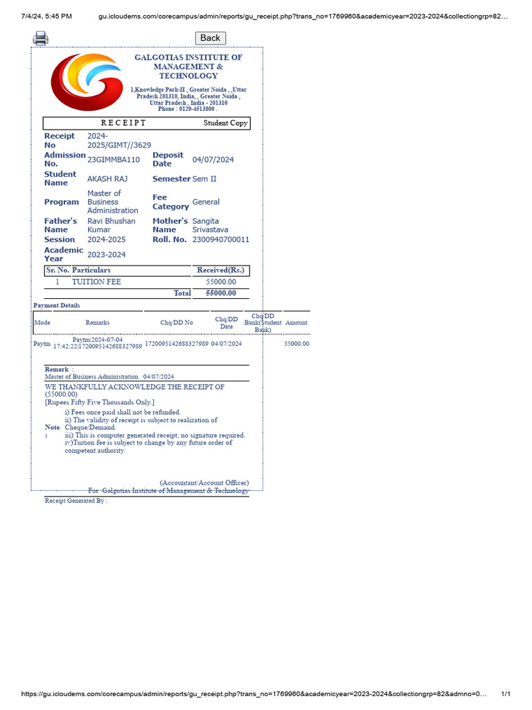 Corecampus Admin Reports Gu Receipt - PHP Trans No 1769960&academicyear ...
