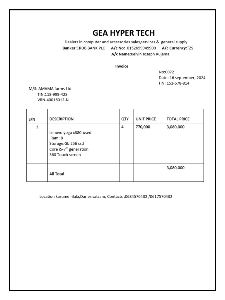 Invoice for Lenovo Yoga X380 Sale | PDF