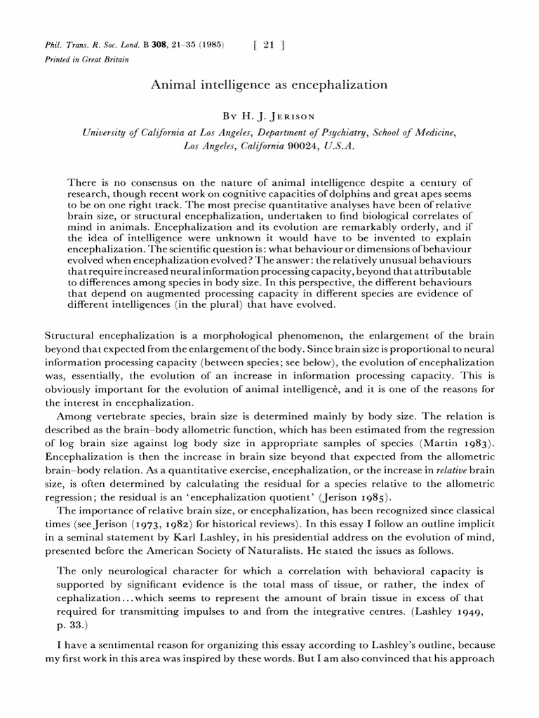 Animal Intelligence As Encephalization | PDF | Brain | Reality