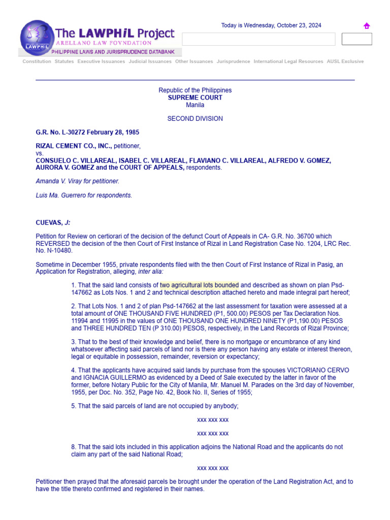 Rizal Cement Co., Inc. v. Villareal, 135 SCRA 15 | PDF | Appeal ...