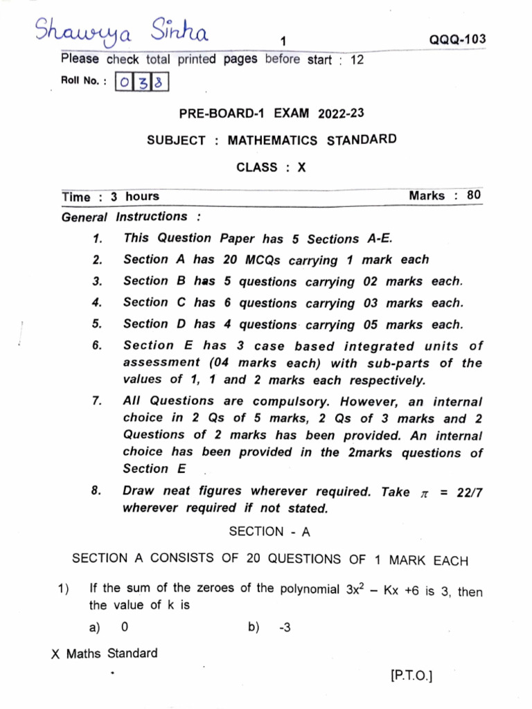 Pre-Board Maths (Standard) Class X KV Andrews Ganj | PDF | Circle | Quadratic Equation