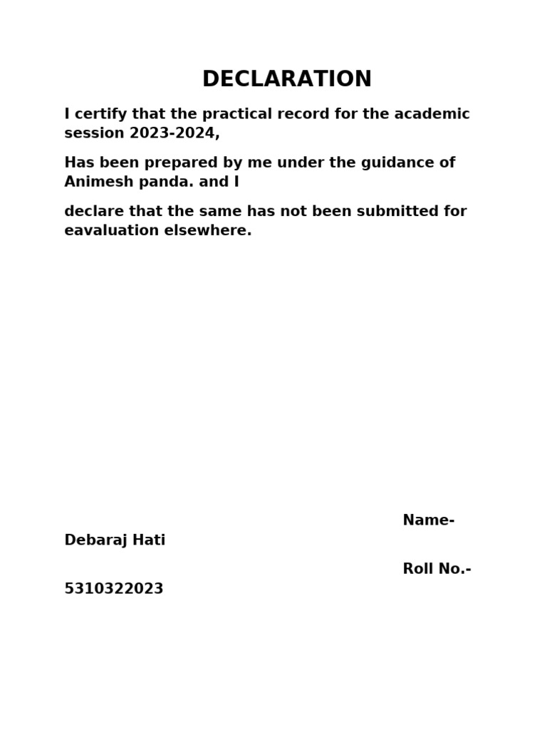 Practical Record Declaration 2023-24 | PDF