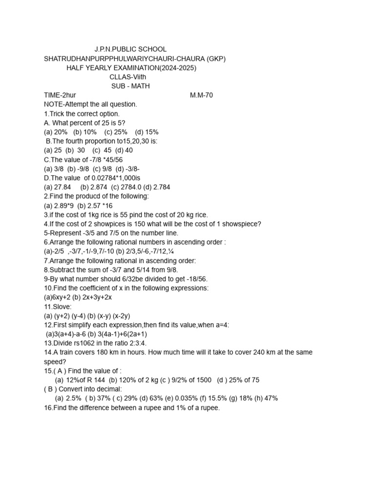 J P N MATH PAPER | PDF | Elementary Mathematics | Numbers