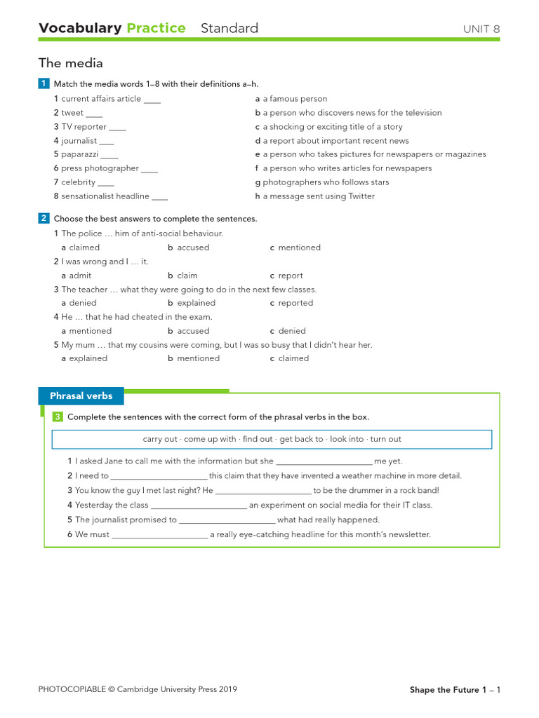 Shape The Future 1 - Vocabulary Practice Standard - Unit 8 - Without Answers | PDF