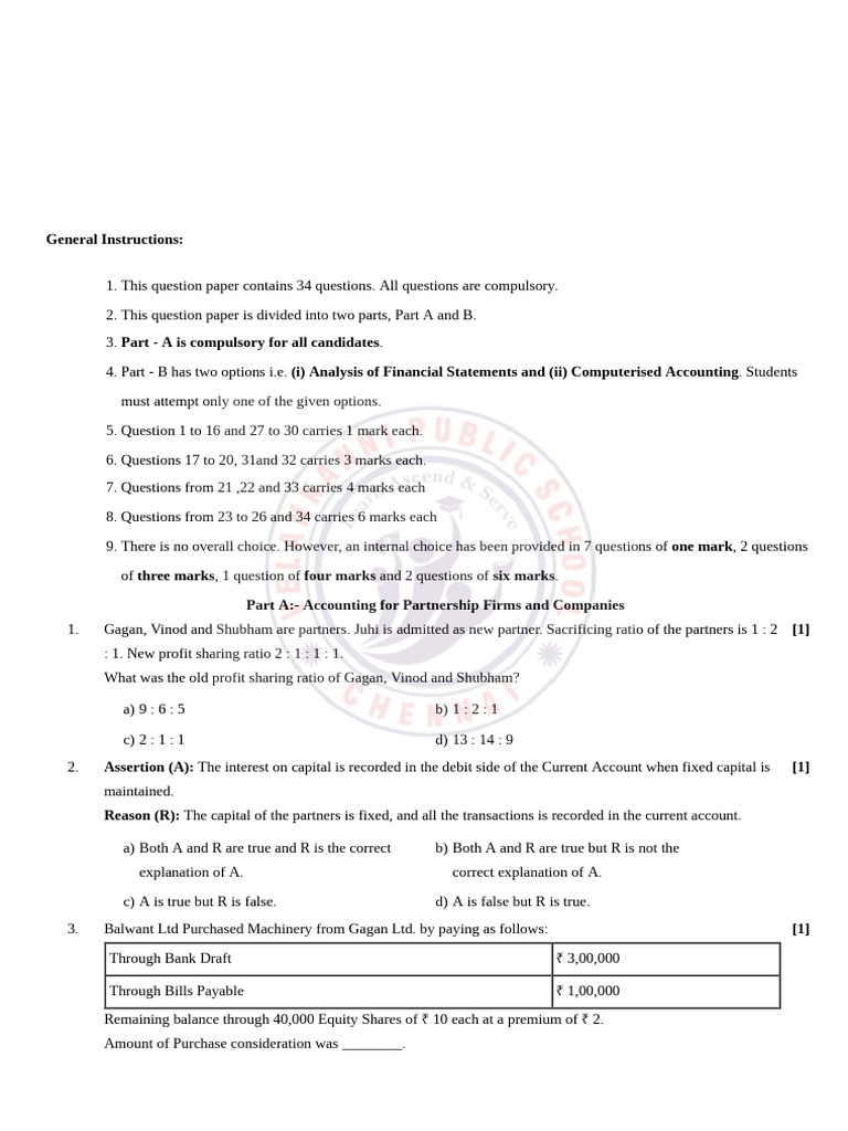 Class 12C Acc SET- 1- QP | PDF | Balance Sheet | Equity (Finance)