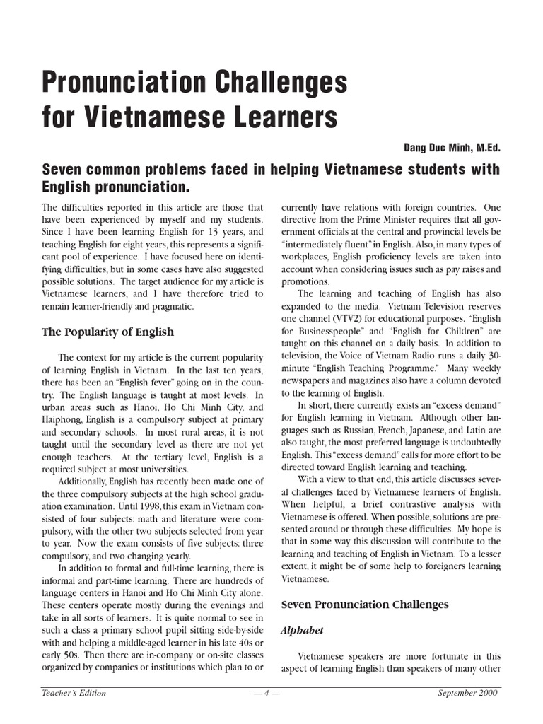 Pronunciation Challenges For Vietnamese Learners | PDF | Vietnamese ...