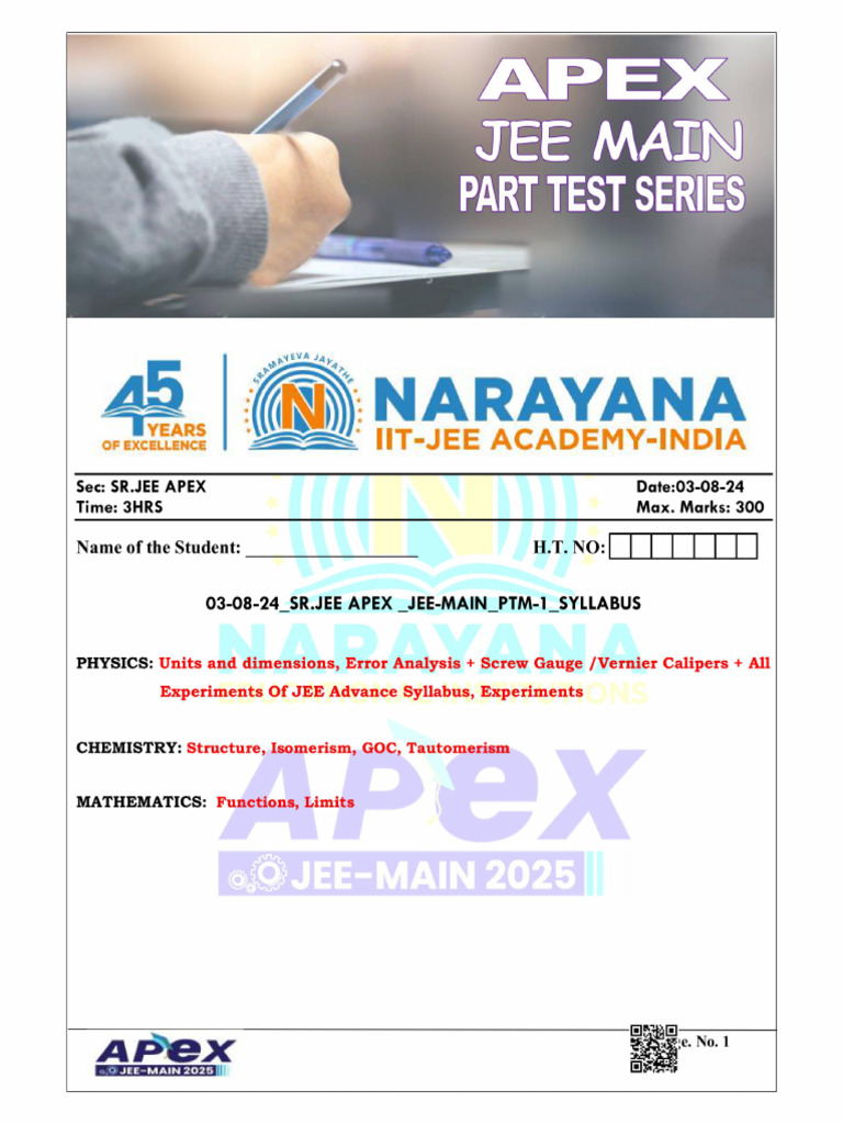 03.08.24 - SR IIT - JEE APEX - Jee Main MODEL - PTM-1-QP FINAL | PDF