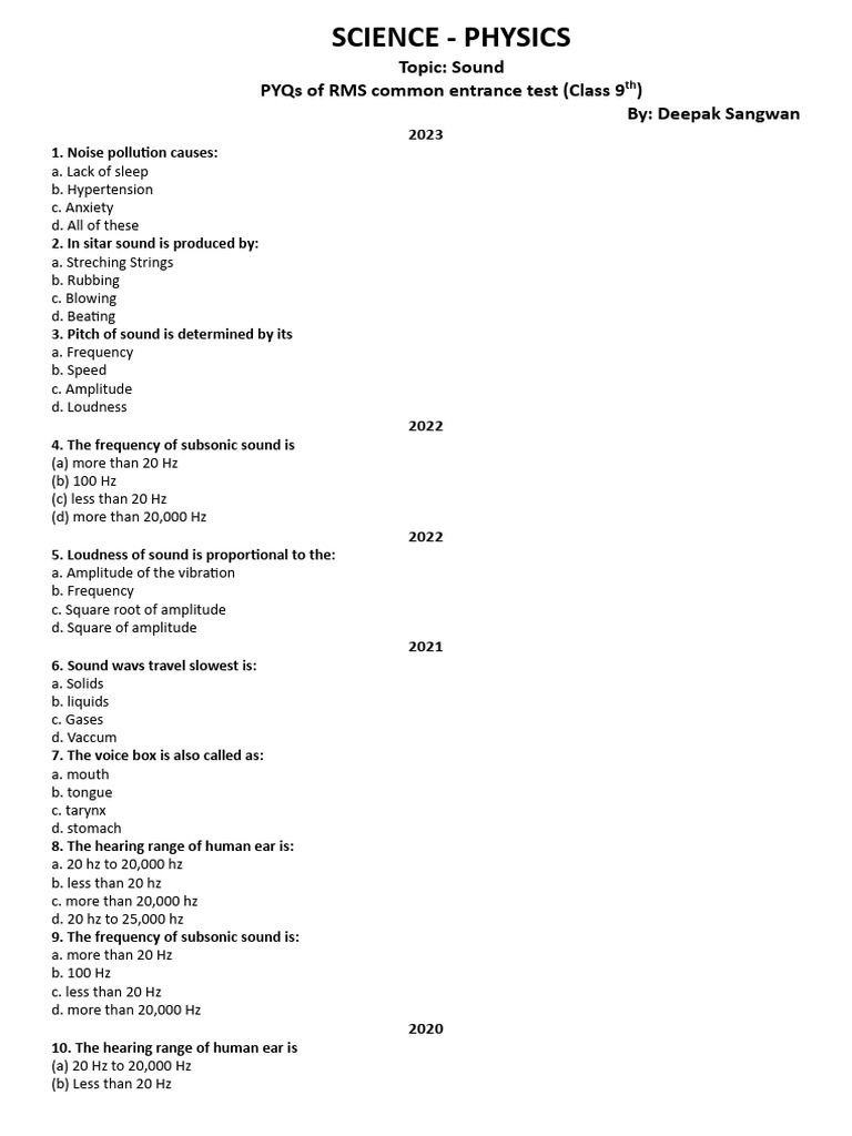 13 July 2024 PYQ of RMS Topic Sound | PDF | Sound | Waves