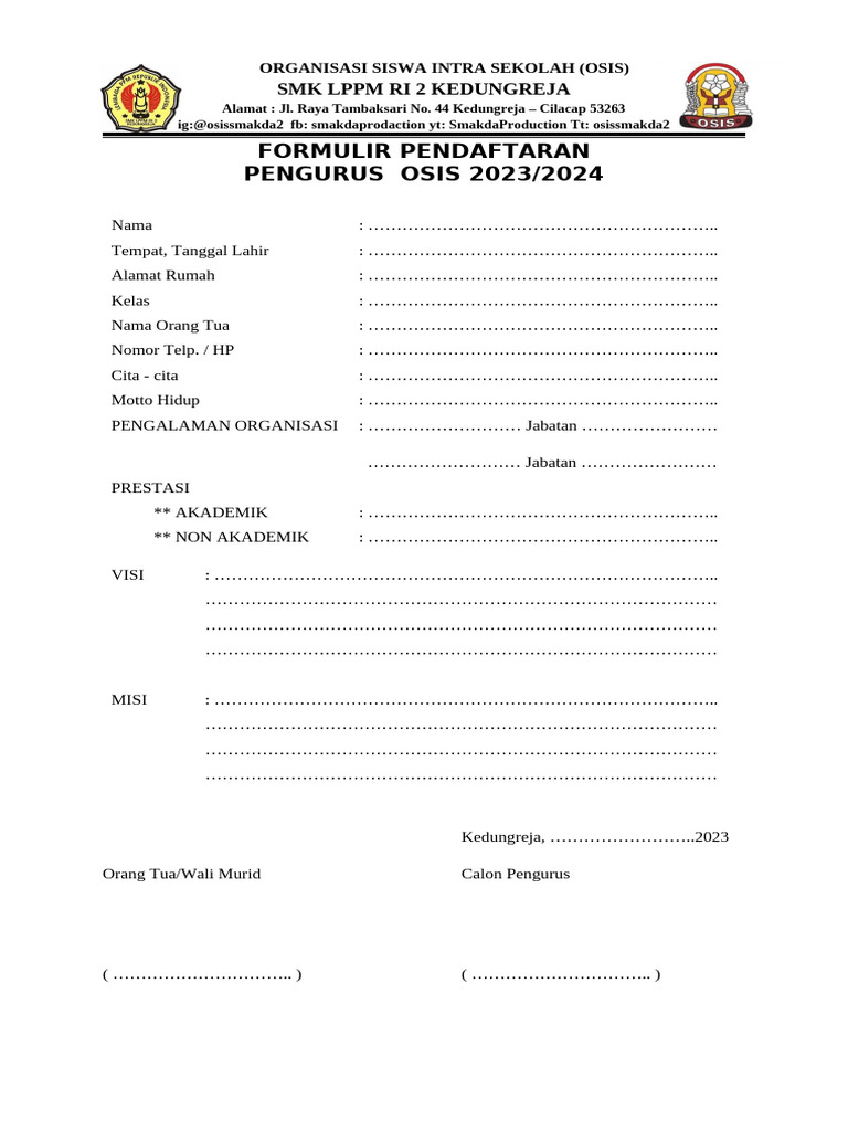 FORMULIR PENDAFTARAN OSIS | PDF