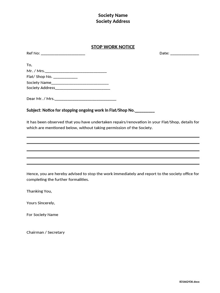 Notice to Halt Unauthorized Work | PDF