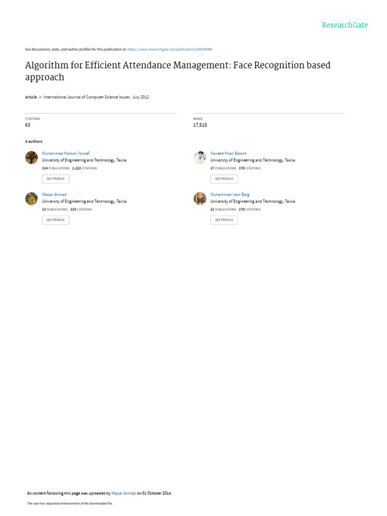 Algorithm For Efficient Attendance Management Face | PDF | Biometrics ...