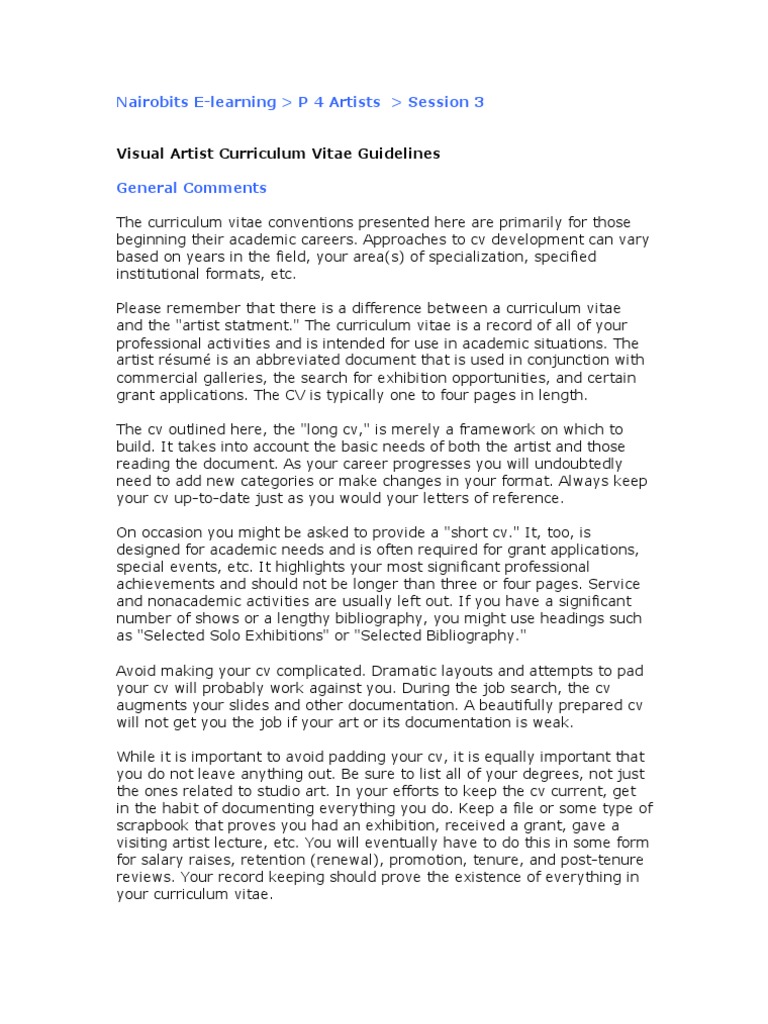 Visual Artist CV Development Guide | PDF | Résumé | Academia