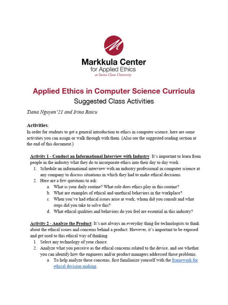 Applied Ethics in Computer Science Curricula Suggested Class Activities ...