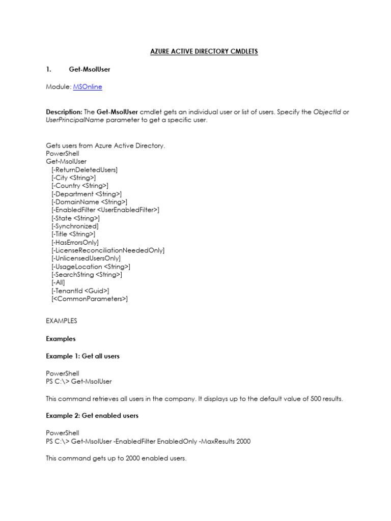 Azure Ad and Office 365 Cmdlets Reference | PDF | Active Directory | Domain Name System