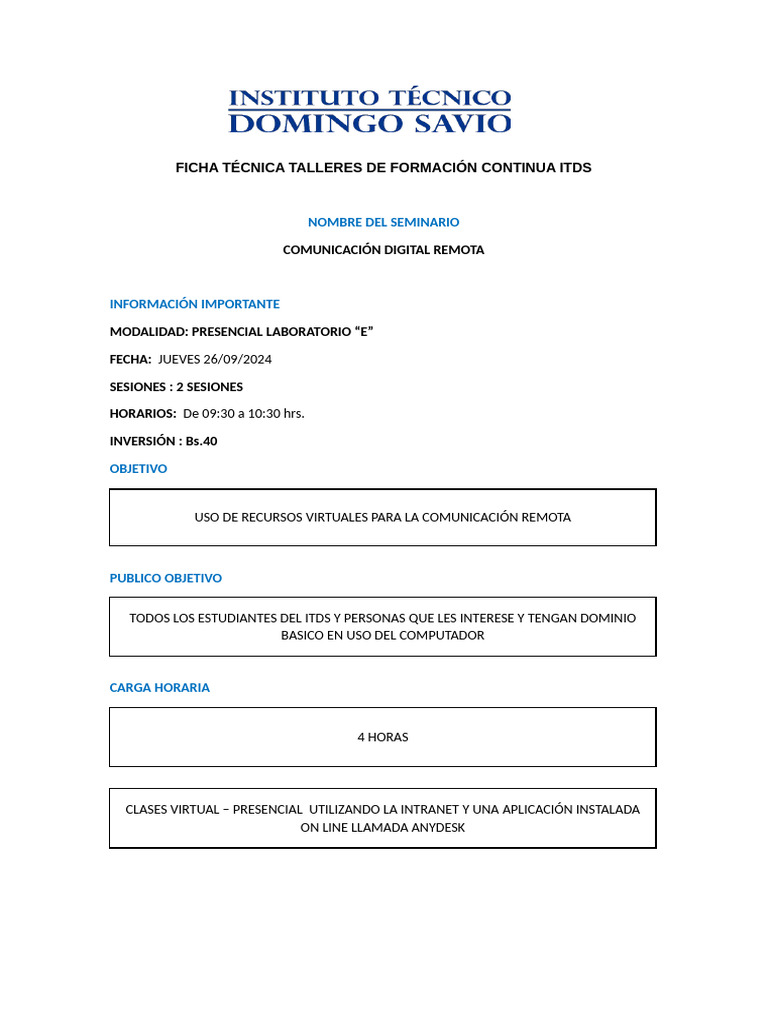 Ficha Técnica Talleres de Formación Continua Itds-1 - Conexion Remota Septiembre 2024 | PDF