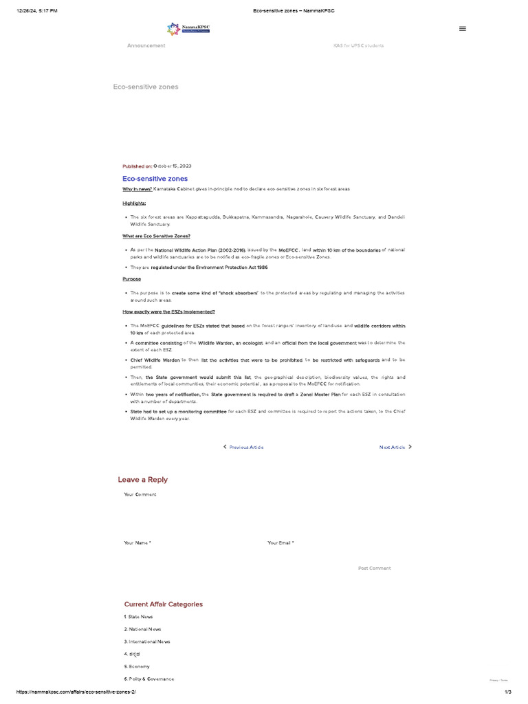 Eco-sensitive zones – NammaKPSC | PDF | Natural Environment ...