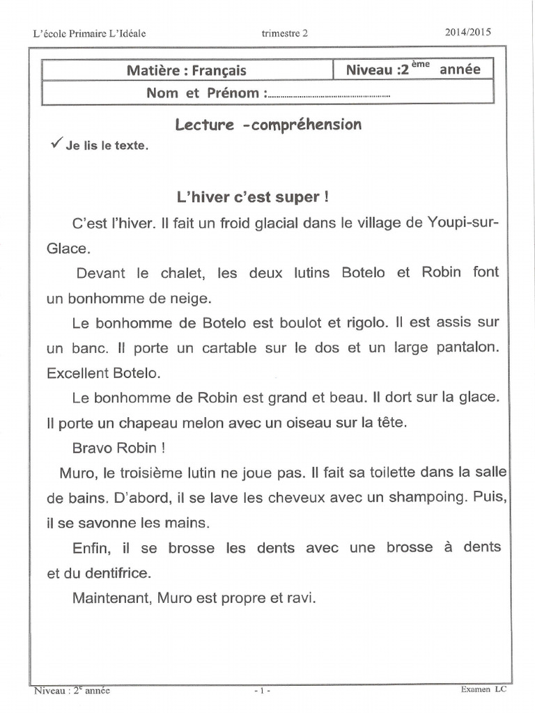 Epreuve de Français (Lecture-Compréhension) - 2ème Trimestre - 2ème ...