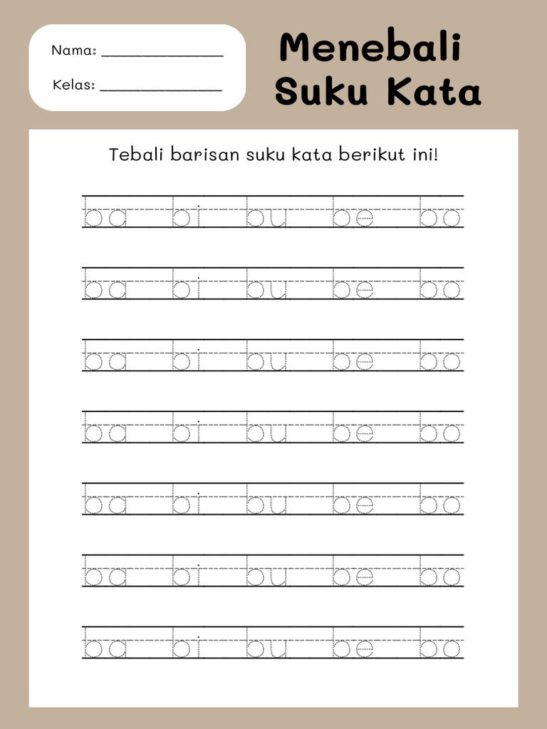 Lembar Kerja Menebali Suku Kata Ba Cokelat Putih Sederhana | PDF