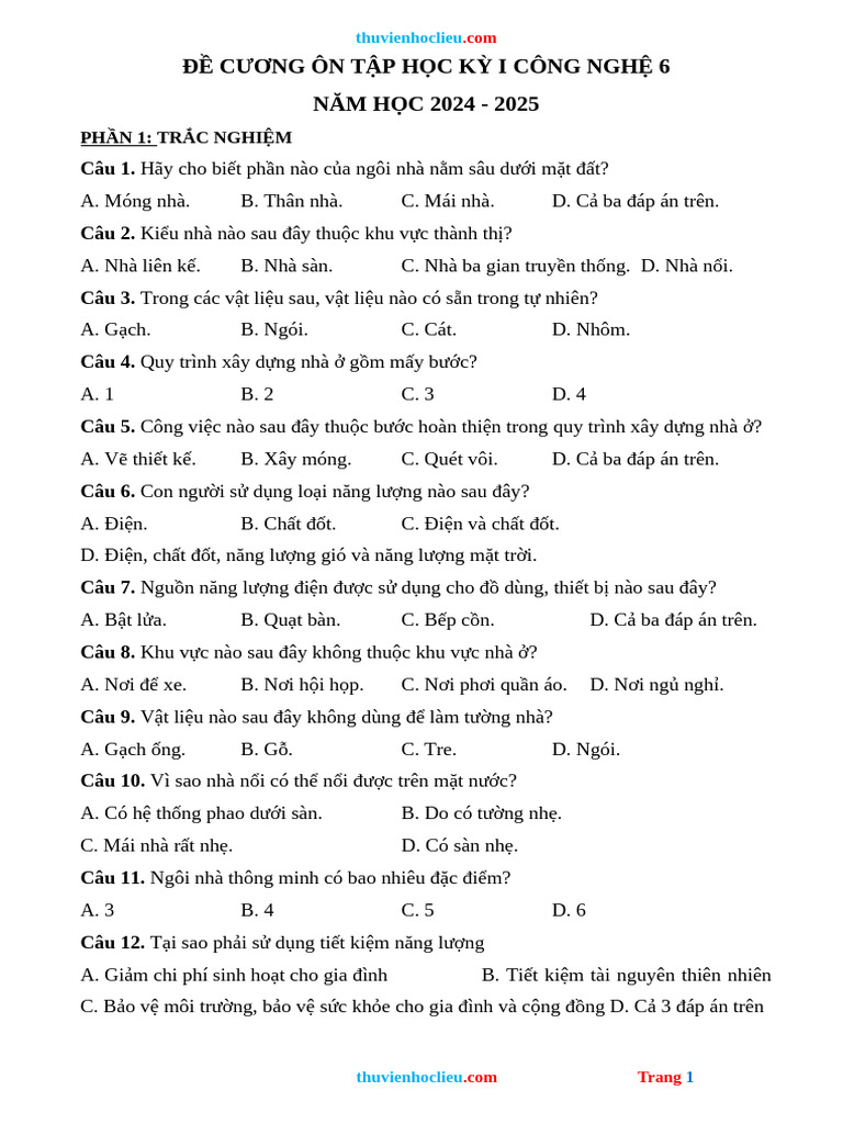 De Cuong On Tap Cuoi HK1 Cong Nghe 6 CTST 24 25 | PDF