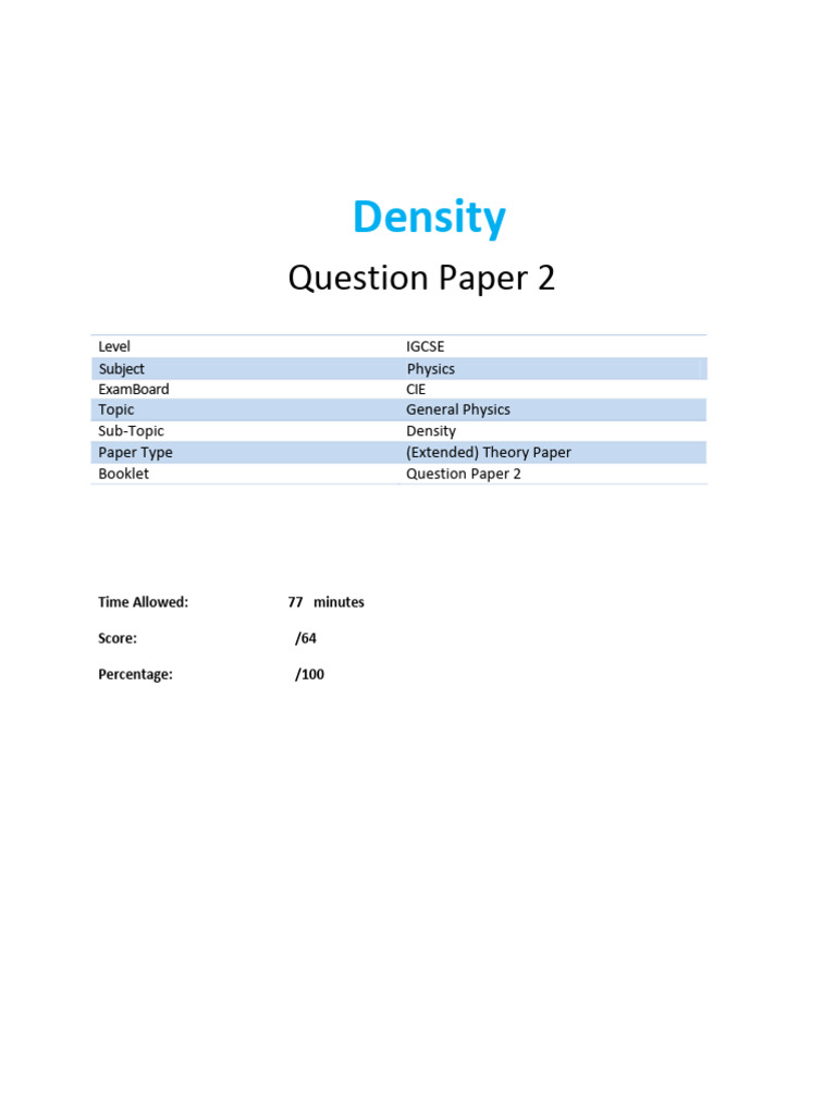 IGCSE Physics Density Question Paper | PDF | Volume | Density