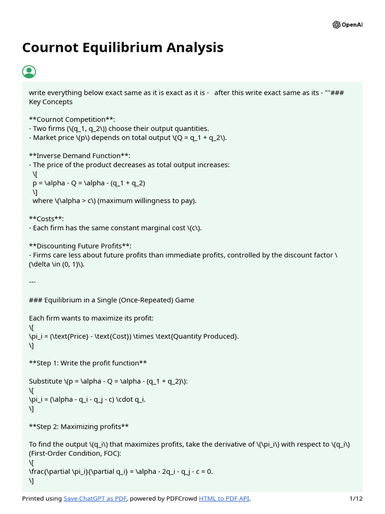 Cournot Equilibrium Analysis | PDF | Economic Equilibrium | Profit (Economics)