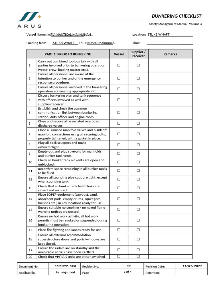 SMS392-SXX Rev 00 11 Jan 2022 - Bunkering Checklist - 055804 | PDF ...