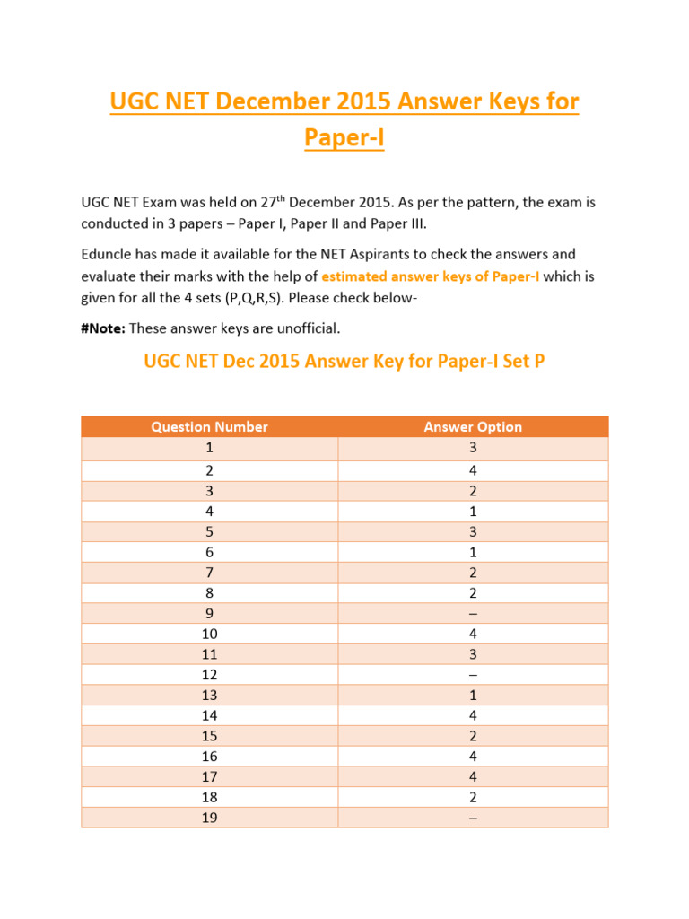 UGC NET Answer Keys Dec 2015 Paper I | PDF | Qualifications | Tests