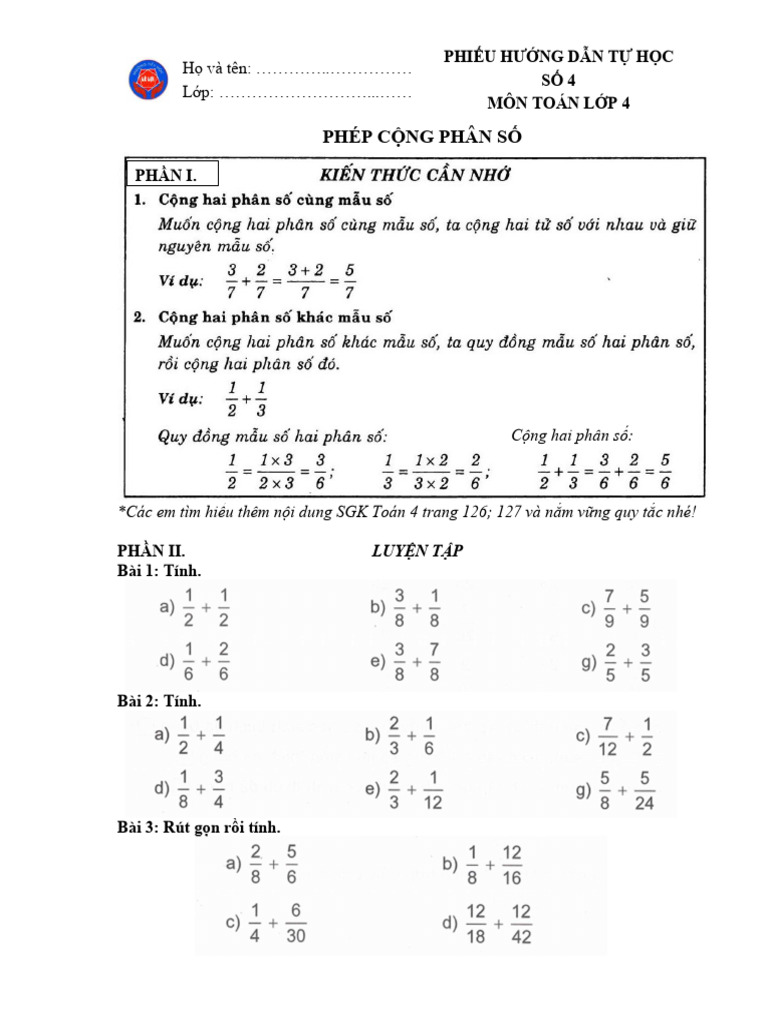 Lop 4 (So4) - Phieu HD Tu Hoc | PDF