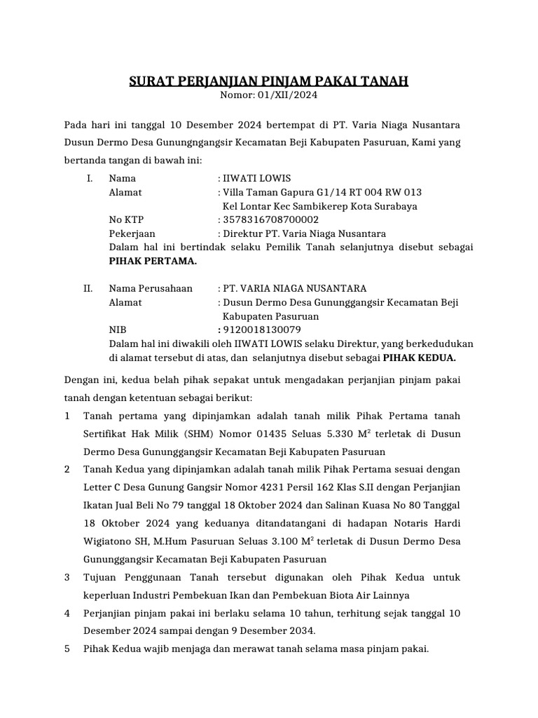 Surat Perjanjian Pinjam Pakai Tanah-12 Des | PDF