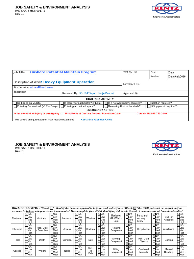 JSEA 08 Heavy Equipment Operation (Update 15-07-2016) | PDF | Risk ...