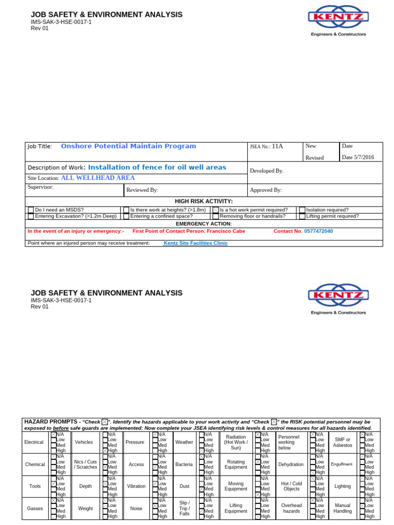 JSEA 11A INSTALLATION OF FENCE - Update (15-7-2016) | PDF | Risk ...