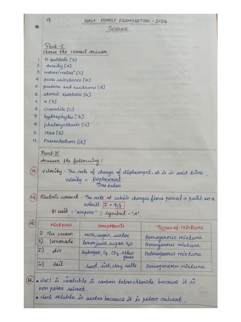 9-Science-Key Answer Half Yearly Question Paper | PDF