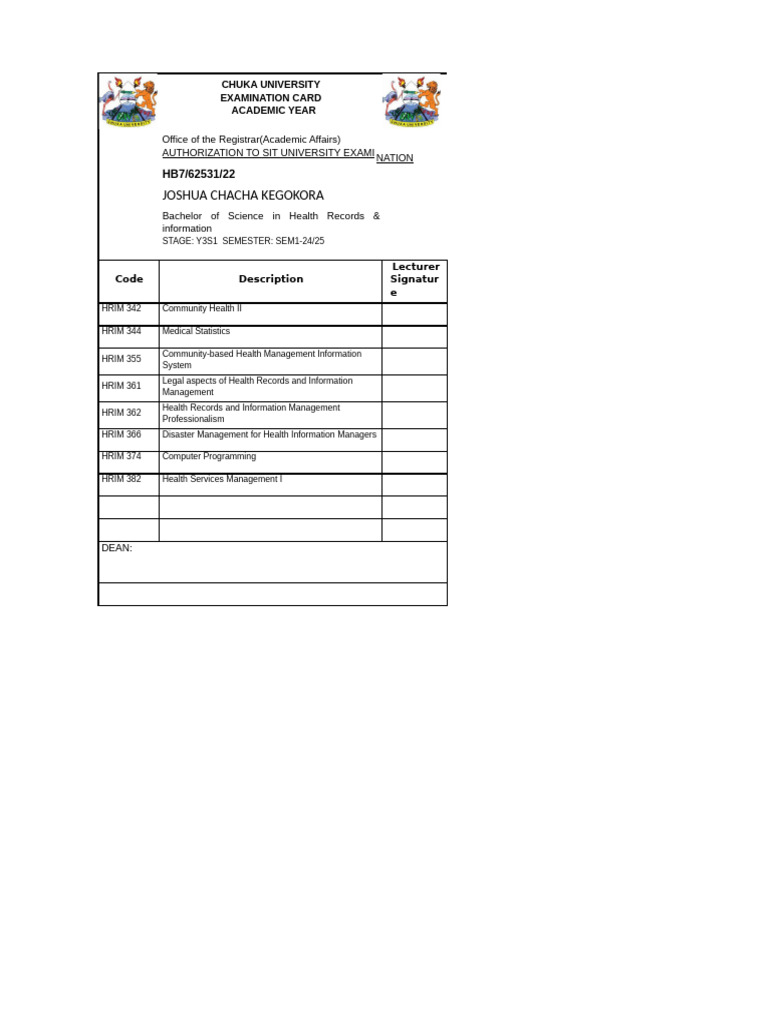 Chuka University Exam Card 2024 | PDF