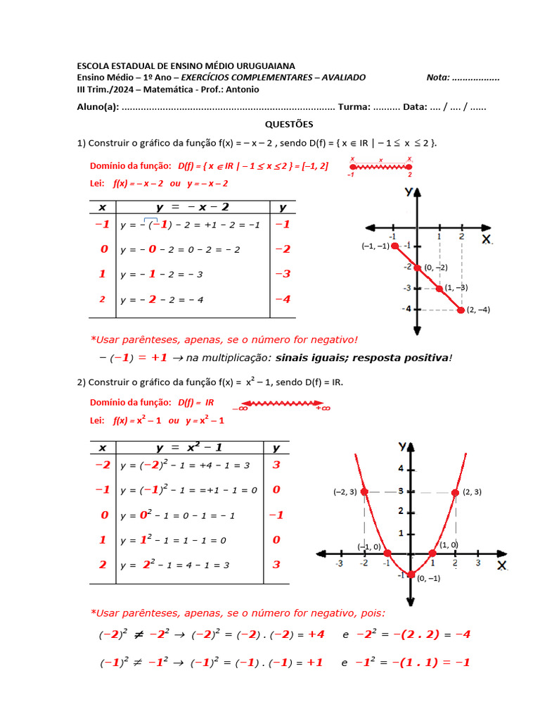 EXERCÍCIOS COMPLEMENTARES - GRÁFICOS DE FUNÇÕES - Respostas | PDF ...