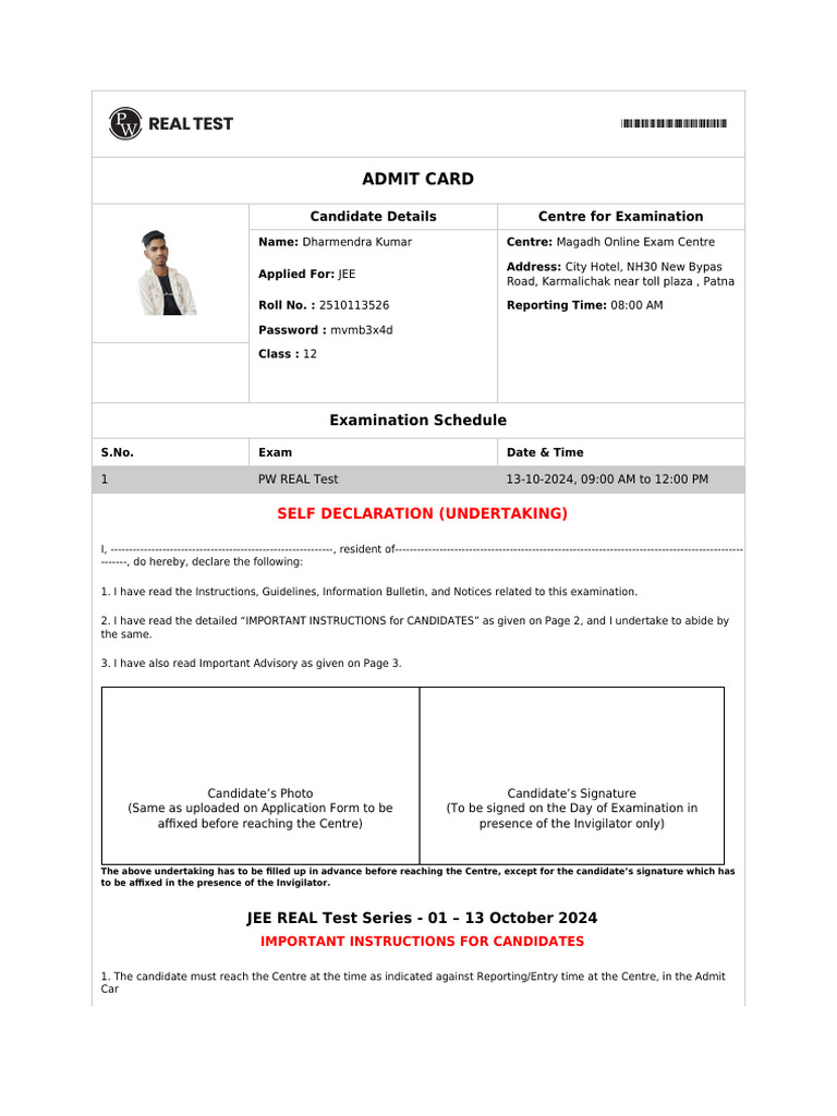 Admitcard 2510113526 6403200 | PDF | Identity Document