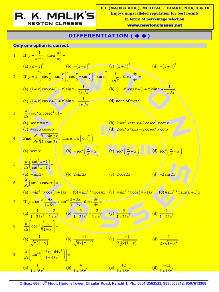 Differentiation MCQs for JEE & NDA | PDF