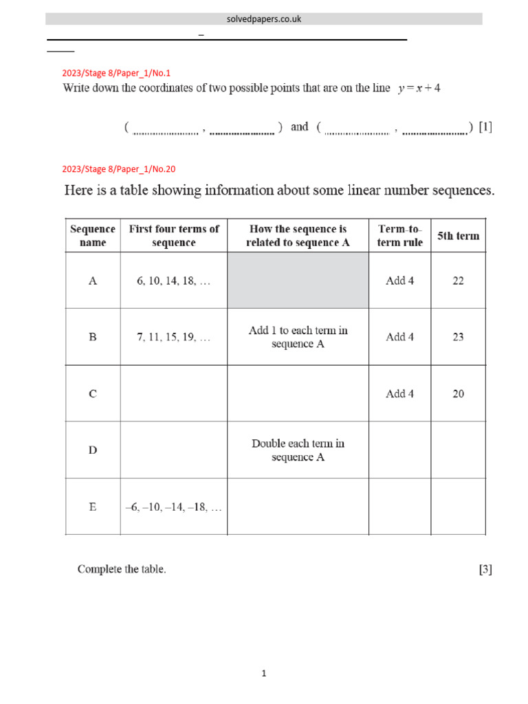 2023 Sequences Functions and Graphs Checkpoint Sec1 Math Progression Stage 8 | PDF