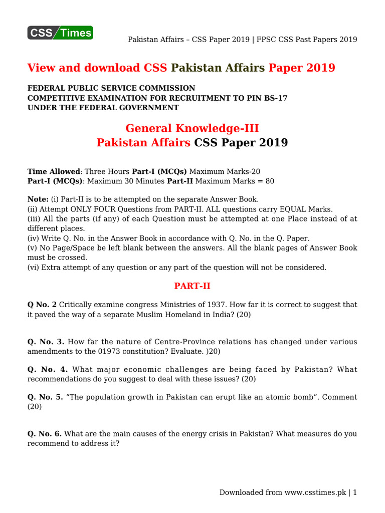 CSS Pakistan Affairs Paper 2019 | PDF