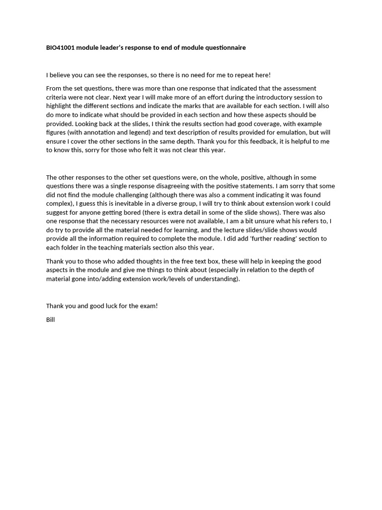 End of Module Survey Response 2020 | PDF